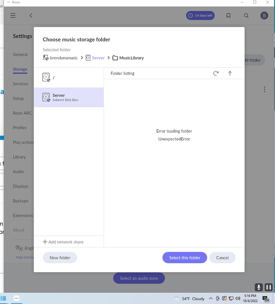 Receiving "error loading folder unexpected error" when I try to add my music folder - Support ...