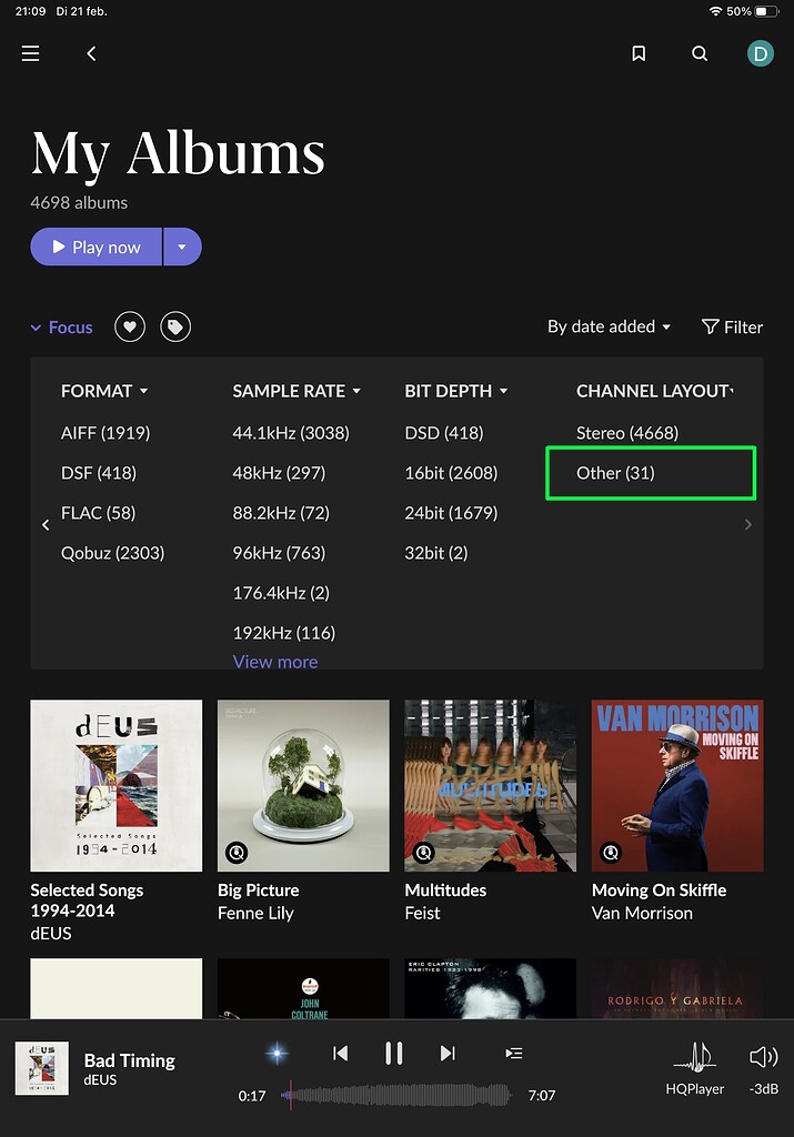 New undocumented (?) feature: Albums - Focus -Channel Layout - Other ...