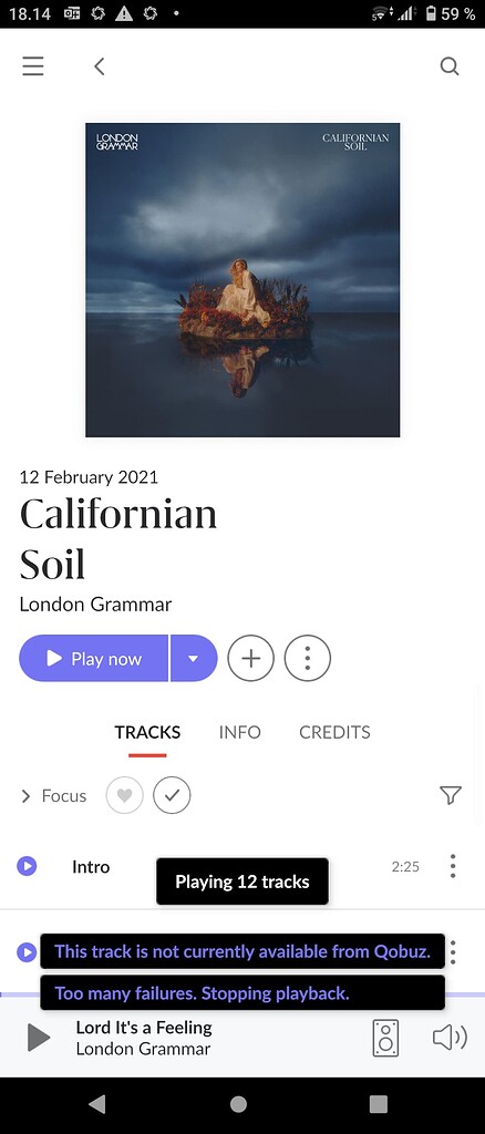 Qobuz tracks skipping. "This track is not currentlyt available from Qobuz. Too many failures ...