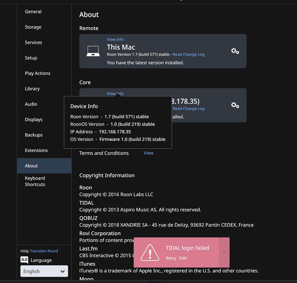 Tidal login failed warning - Support - Roon Labs Community
