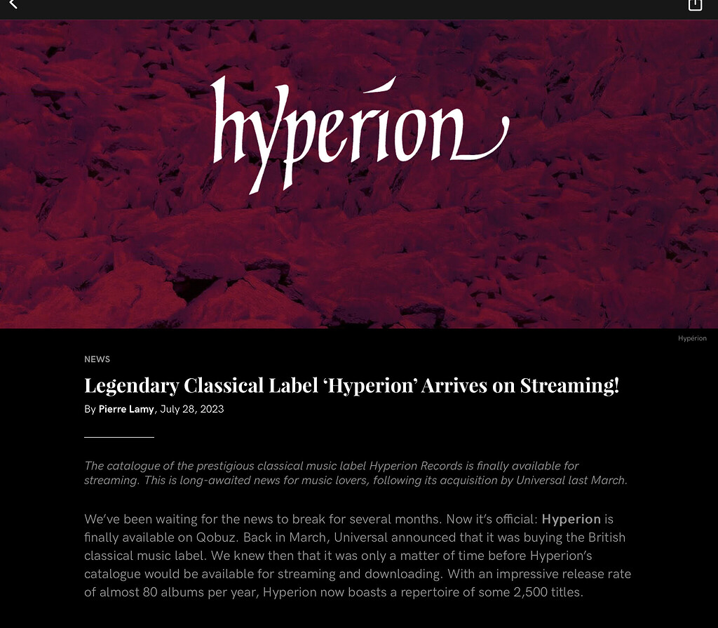 Hyperion label now streaming! - Labels - Roon Labs Community