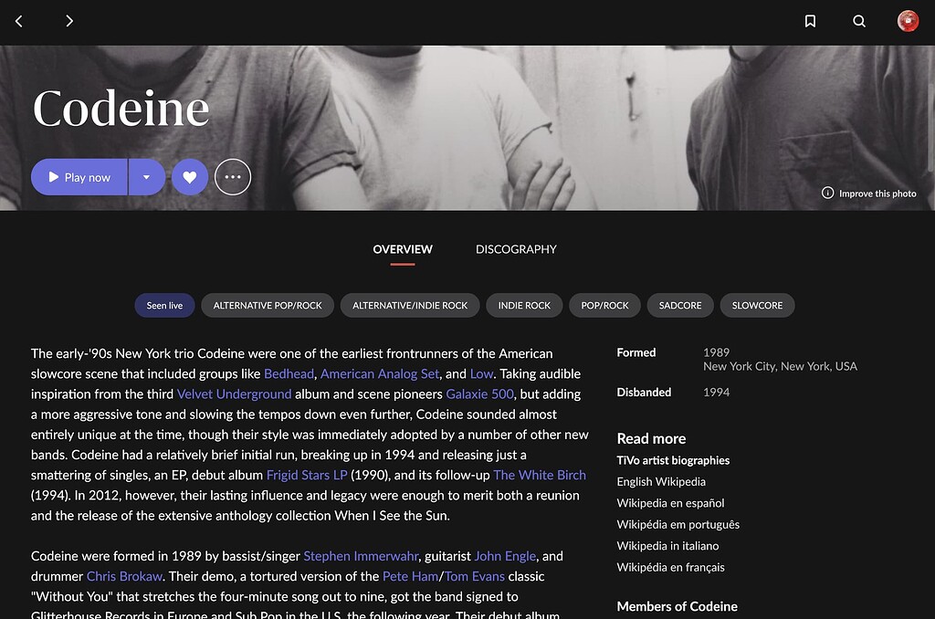 Artist equivalence: Codeine the 90ies NYC slowcore band is not Codeine the trap band or whatever ...