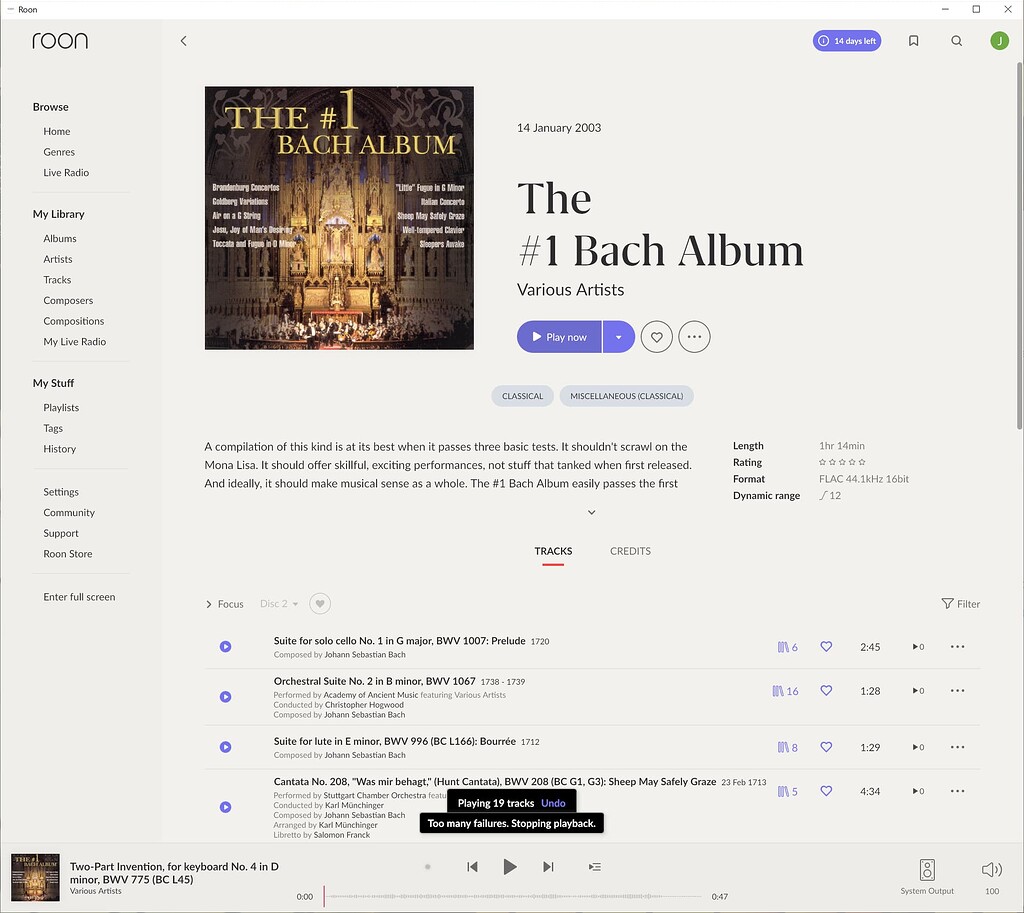 New to Roon - Too many failures. Stopping playback, - Support - Roon Labs Community