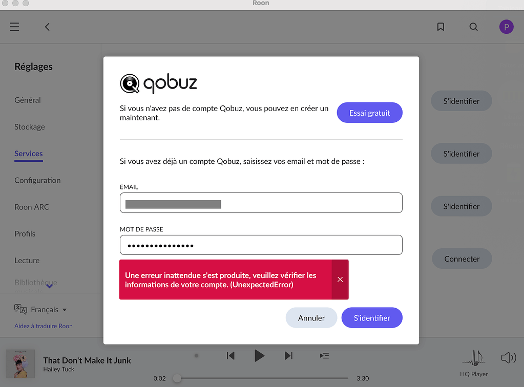 Unexpected error when signing up Qobuz user on Roon (ref#FN2ADD ...