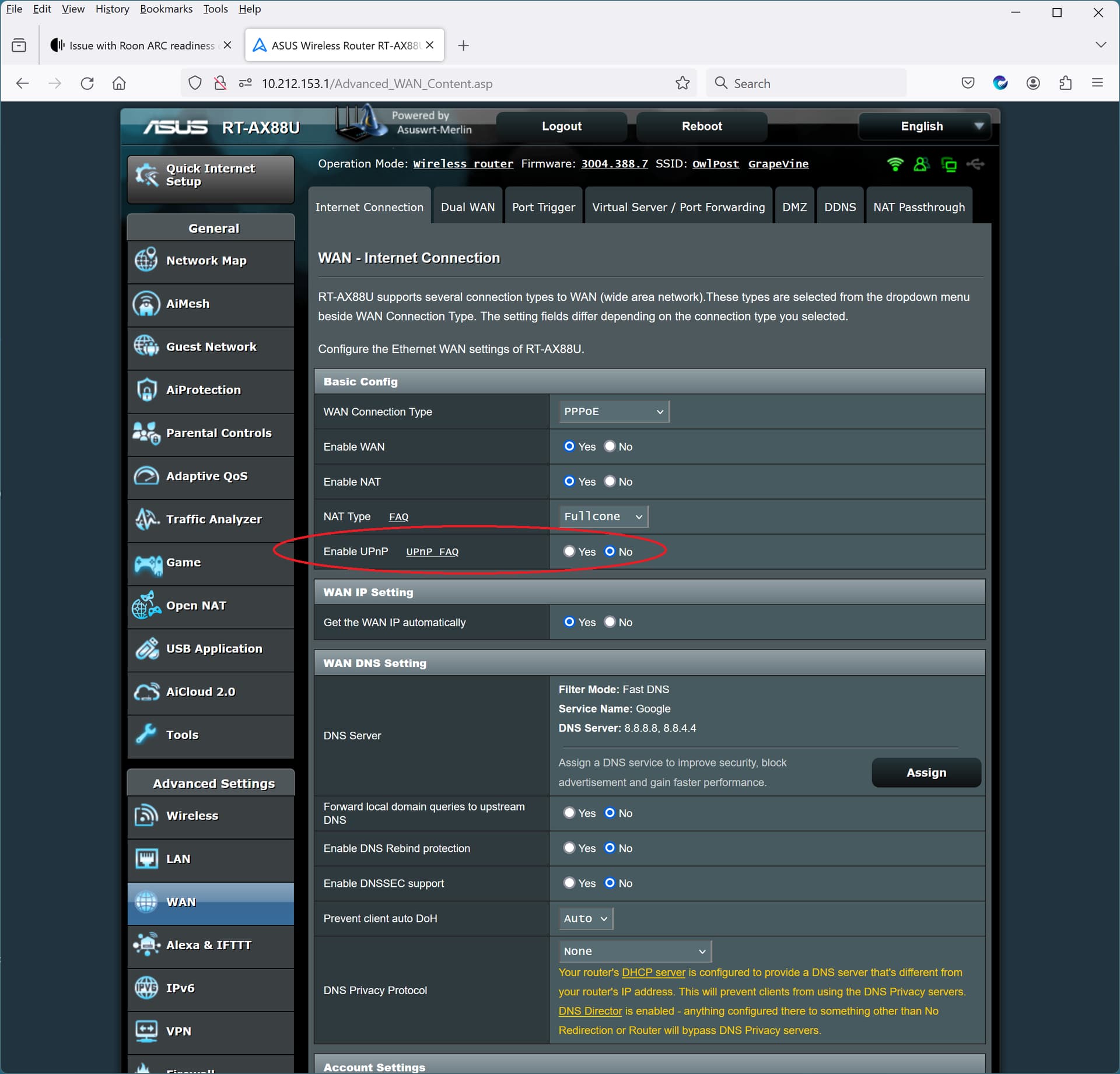 Issue with Roon ARC readiness on Asus RT-AX88U connected to fibre ONT ...