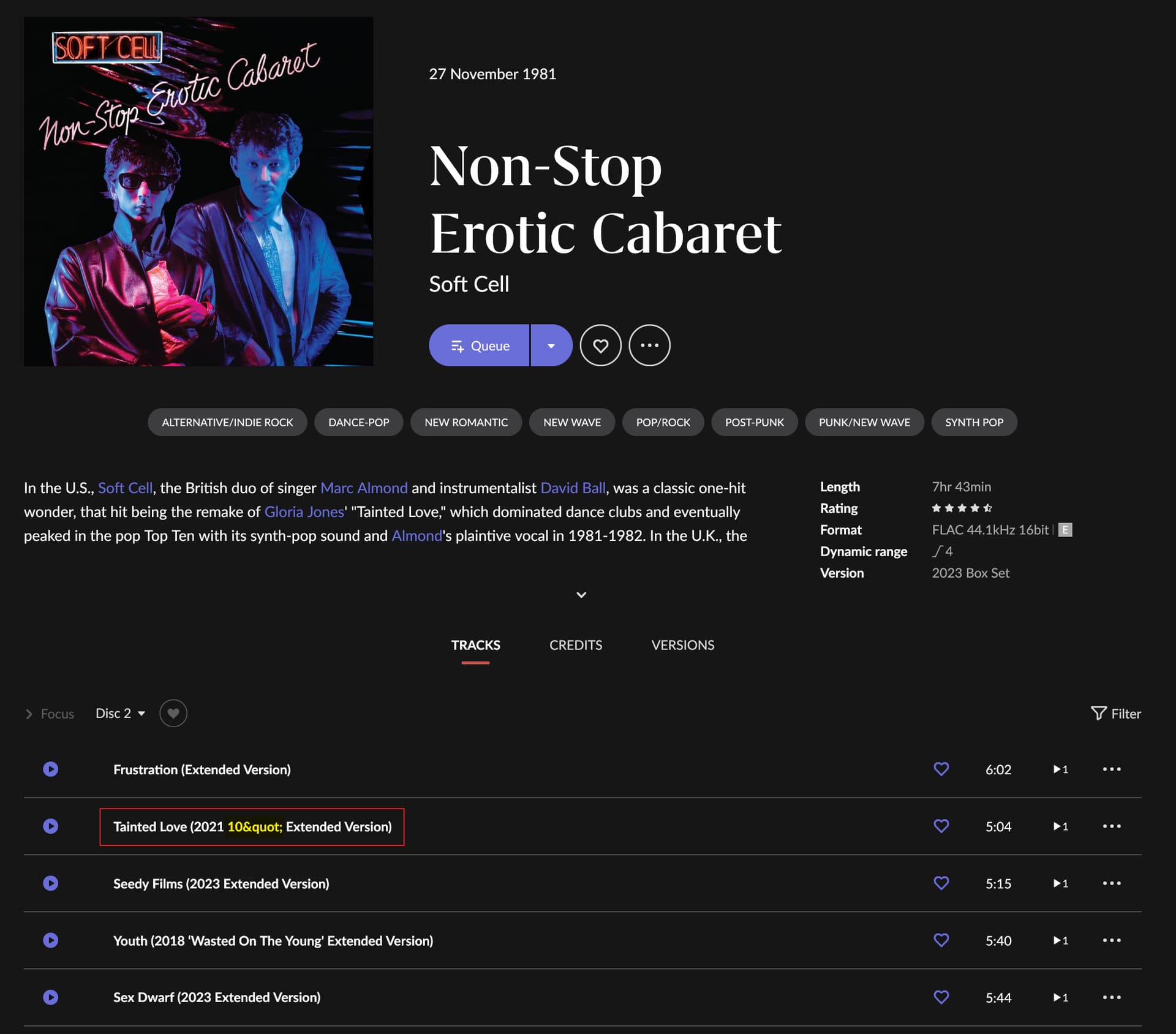 Soft Cell - Non-Stop Erotic Cabaret (2023 Box Set) | Track name incorrect - Metadata - Roon Labs ...