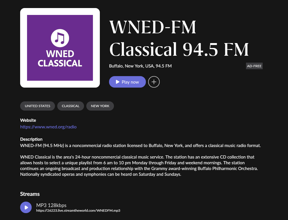Please add WNED Classical (Buffalo) - Live Radio - Roon Labs Community